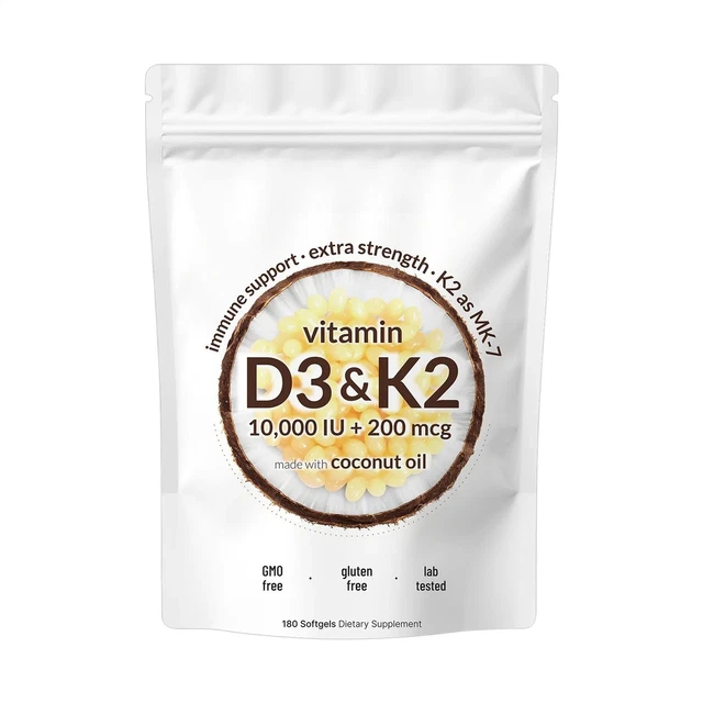 VITAMIN D3 10000 iu Plus K2 (MK-7) 200 mcg, 300 Virgin Coconut Oil ...