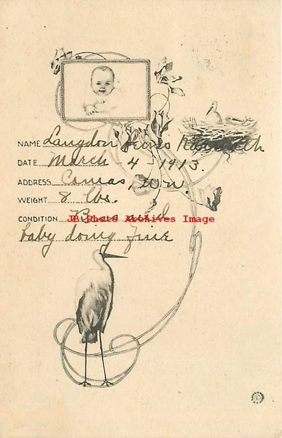 BABY ANKUNFTSANKÜNDIGUNG, LANGDON, 1913, Camas, Washington, Storch EUR ...
