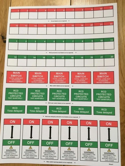CONSUMER UNIT LABELS circuits numbered left to right, main switch & RCD ...