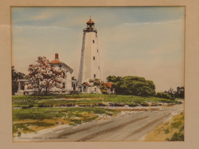 DAVIS GRAY SIGNED watercolor SANDY HOOK LIGHTHOUSE Matted and Framed £ ...