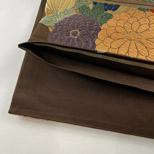 JAPANESE KIMONO FUKURO Kimono Obi Chrysanthemum Peony Foil Dark Brown ...
