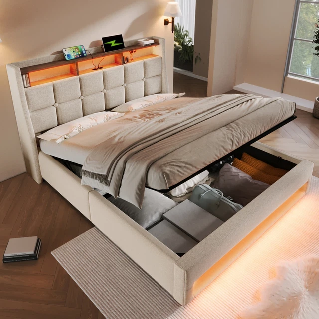 OTTOMAN BED FRAME 6ft Super King with Storage, LED Lighting, USB ...