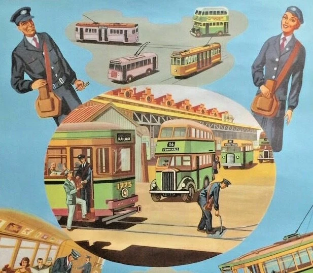 ORIGINAL 1950S AUSSIE Double Decker Bus Street Car Tram Art Poster ...