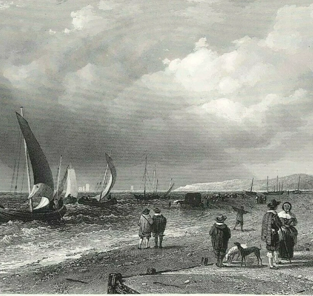 1851 HOLLAND SHORE fishing boats bystanders 19th century print after ...