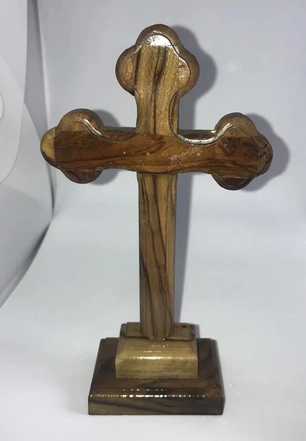 OLIVE WOOD CROSS Bethlehem Palestine Stepped Base Ornate 16cm Christian ...