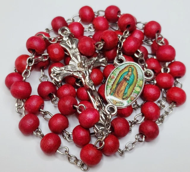 OUR LADY OF Guadalupe Five Decade Catholic Rosary Red Wood Beads Silver ...