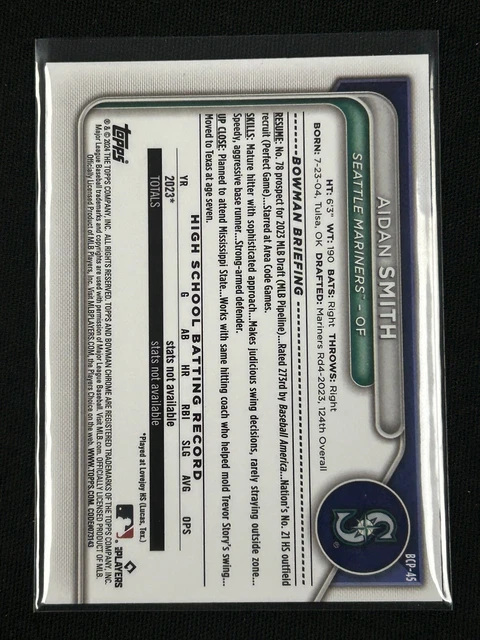 2024 BOWMAN - Chrome Prospects Aidan Smith #BCP-45 BASEBALL Seattle ...