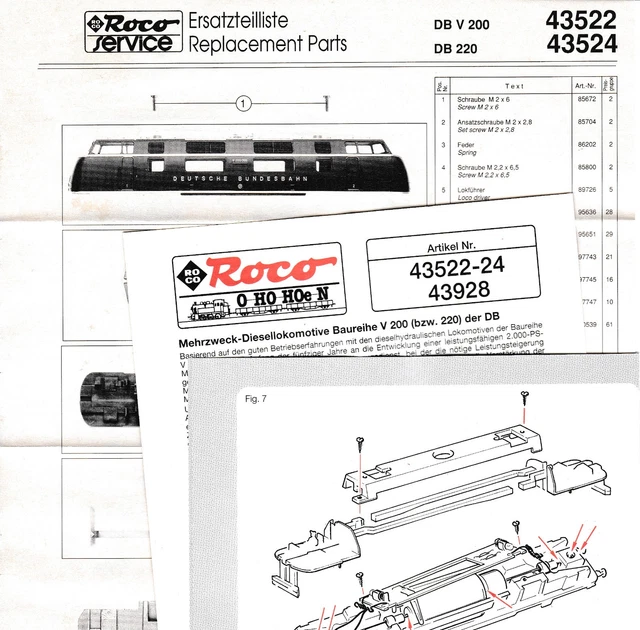 ROCO H0 LOKOMOTIVEN, Bedienungsanleitung u Ersatzteilliste, BR V200 ...