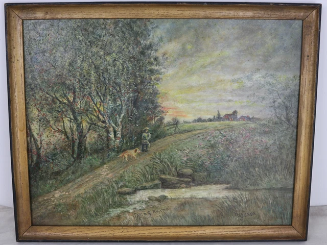 ANTIQUE &SPRING RAINS& by Genoa Folk Art Oil on Masonite Painting Man w ...