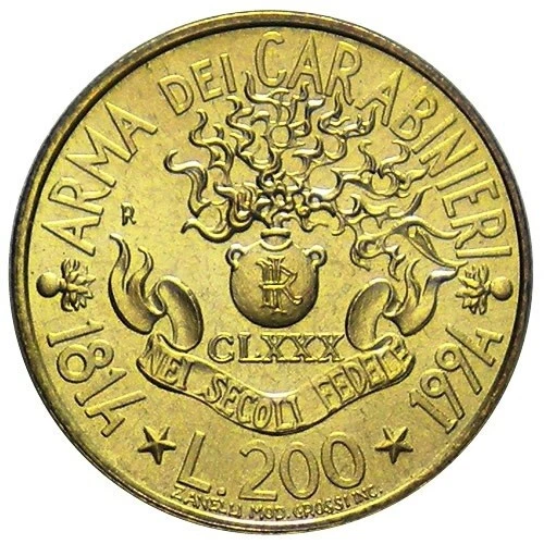 200 LIRE 180° Anniversario Arma dei Carabinieri 1814-1994 Repubblica Italiana EUR 80,00 ...
