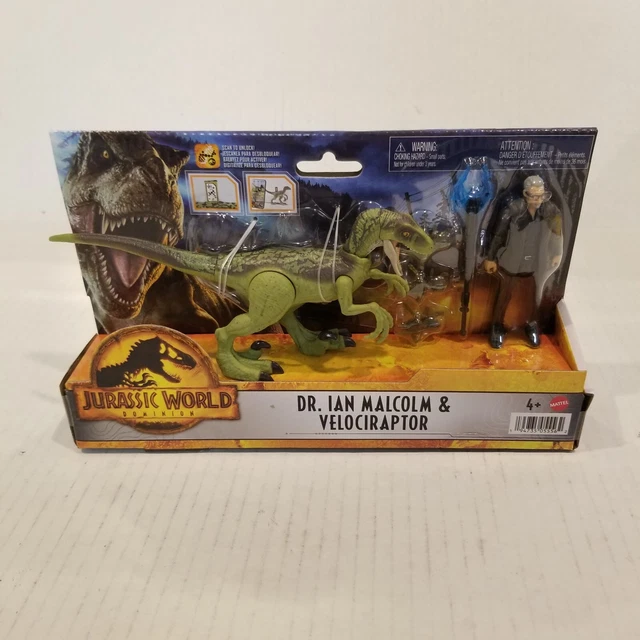 MATTEL JURASSIC WORLD Dominion Dr. Ian Malcolm & Velociraptor Dinosaur ...