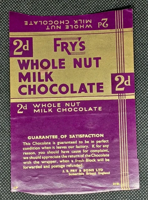 VINTAGE 1930'S ADVERTISING Wrapper - Fry's Whole Nut Milk Chocolate £24 ...