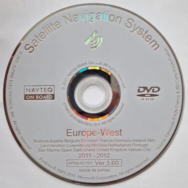 ORIGINALE HONDA 2007-2012 Alpine Apn2 Dvd Mappa Disco Uk + Europa 2010 ...
