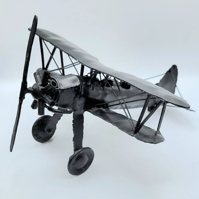 VINTAGE BLACK BRUTALIST Heavy Metal Biplane Art Sculpture Airplane ...