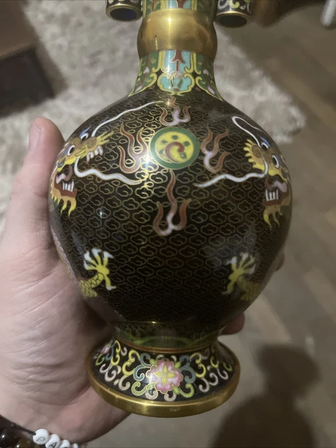 VASE CHINOIS EMAUX Cloisonné Dragons Chinese Bronze Ancien Enamel ...
