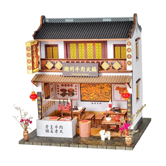 DIY MINIATURE DOLLHOUSE Kit Hotpot Restaurant Handmade Wooden Doll ...