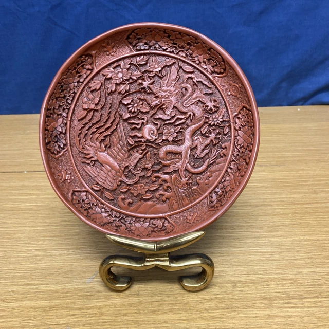 VTG. CHINESE MING Dynasty Style Cinnabar Carved Dragon & Phoenix 7 3/4 ...