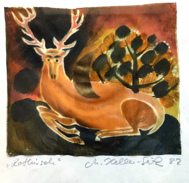 MARIANNE HELLER-SEITZ: ROTHIRSCH. Gemälde auf Seide, 1982, signiert EUR 19,00 - PicClick DE