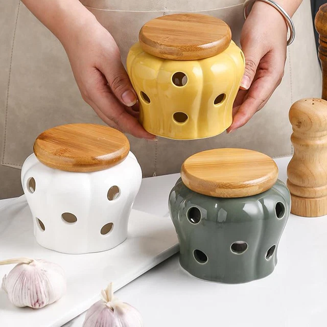 MODERN CERAMIC GARLIC Keeper Vented Hollow with Bamboo Lid Collection ...