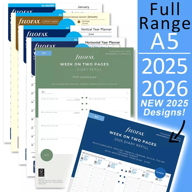 FILOFAX DIARY REFILLS A5 2025, 2026 Organisers / Planners - Full Range ...