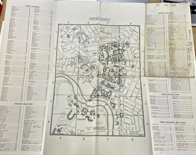 VINTAGE CAMPUS MAP of Harvard College University c.1960s Cambridge ...