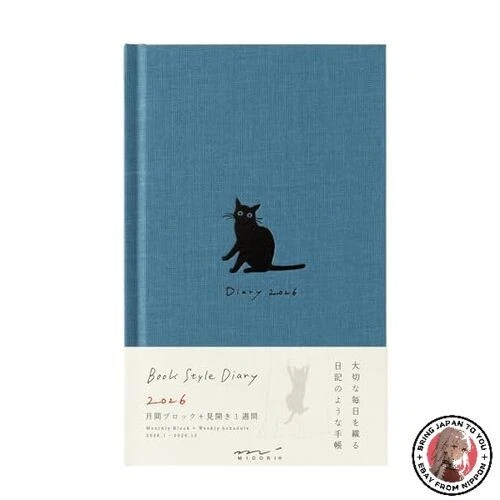 NEW MIDORI BOOK-STYLE Diary 2026 B6 Weekly Cat Pattern Navy Blue ...
