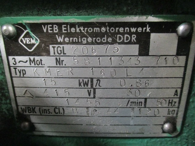 VEM VEB ELEKTROMOTORENWERK Modell Tgl20675 15Kw Aus Wernigerode Ddr ...