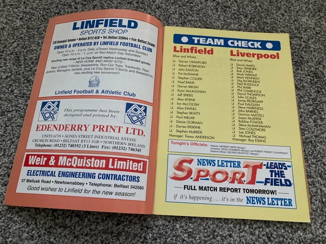 PROG 1996/97 LINFIELD v Liverpool Gala Exhibition Match 2/8/1996 £2.77 ...