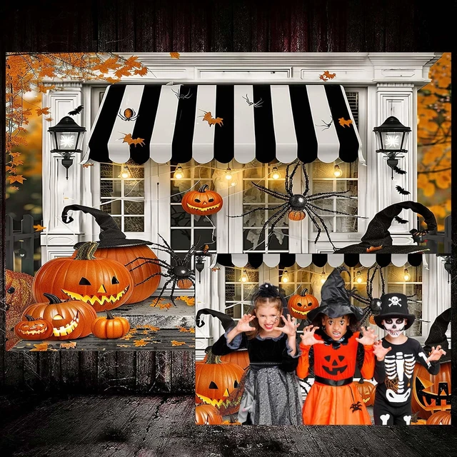 HALLOWEEN BACKDROP SCARY Horror Fall Maple Leaves Pumpkin Spider 10x8 ...