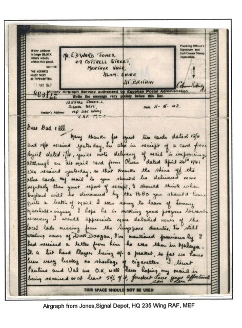 GB WWII AIRGRAPH From Jones Signal Depot Hq 235 Wing Raf Mef £3.50 ...