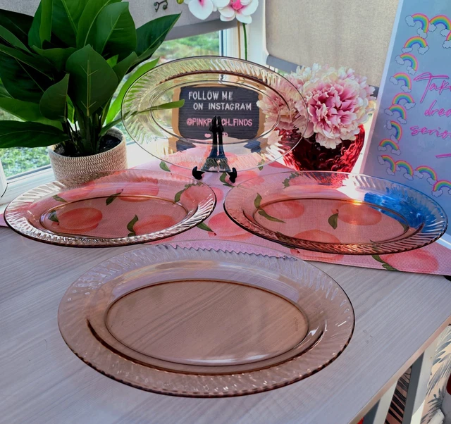 VINTAGE PINK ROSALINE Glass Oval Steak Plates Serving Platters Set of 4 ...