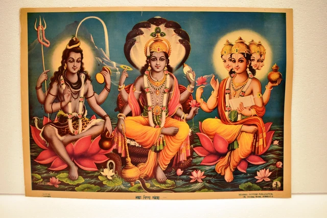 VINTAGE LITHOGRAPH PRINT Brahma Vishnu Mahesh Hindu Trinity Hindu Gods ...