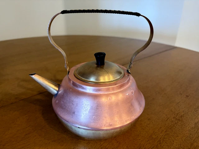 VINTAGE COPPER & Brass Plated Stovetop Kettle 1 qt Woven Wrapped Handle ...