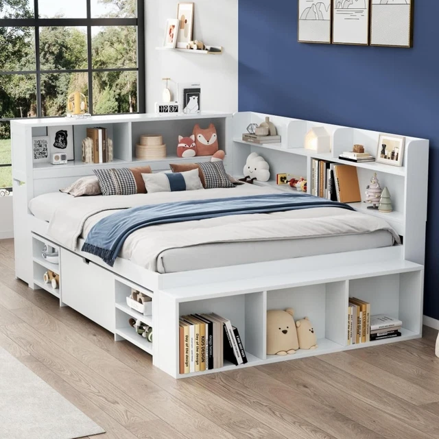 SINGLE CABIN BED with Storage Drawers Shelves Bookcase White 4FT6 £ ...