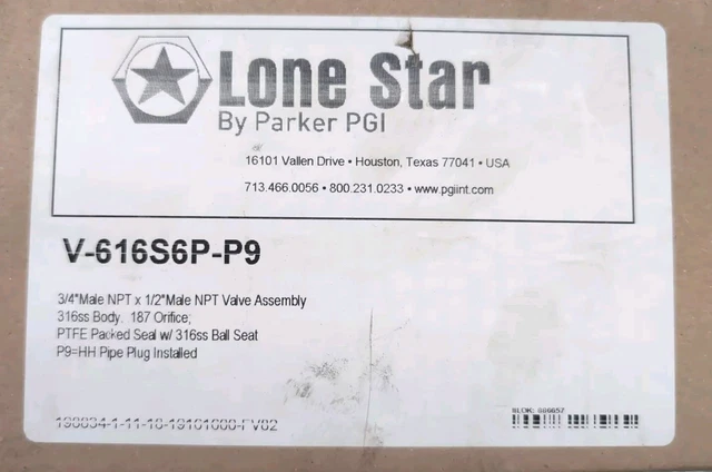 PARKER PGI LONE Star V-616S6P-P9 Block And Bleed Valve Assembly 316SS ...
