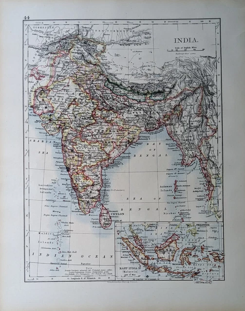 1896 ANTIGÜEDAD MAPA India East India Islas Malayasia Nepal Bengala ...