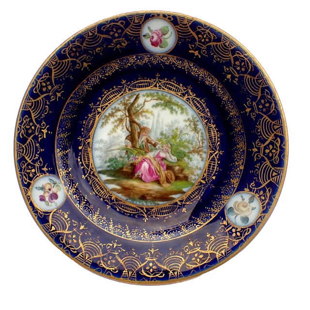 ANTIQUE ROYAL VIENNA Dresden Cobalt Blue Tea Plate Cobalt Blue Watteau ...