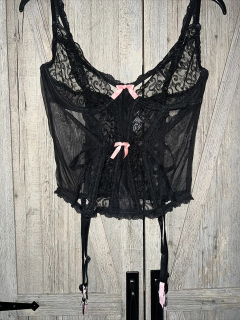 Victorias Secret 36d Black Floral Scroll Lace Mesh Bustier Corset Bra