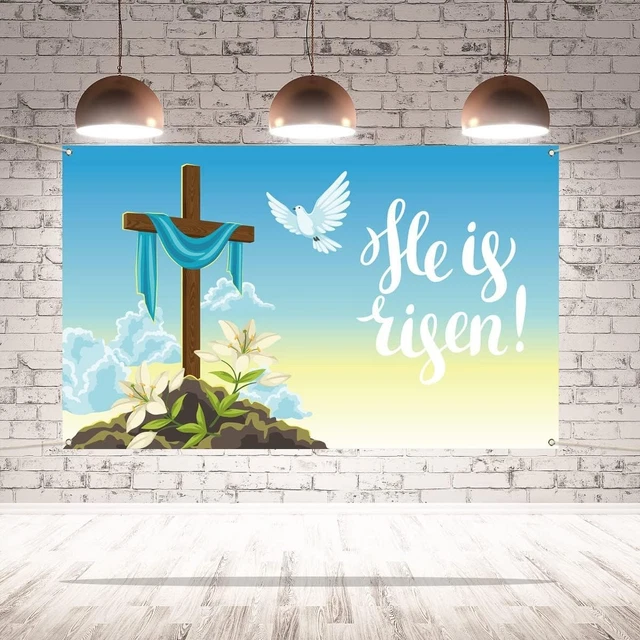 He Is Risen Backdrop Banner Easter Christian Cross Lily Religious 0822