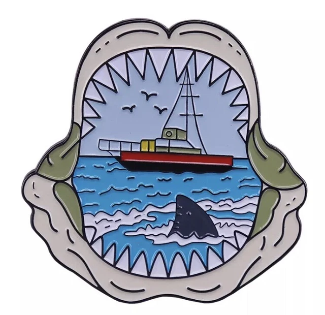 STEVEN SPIELBERG JAWS Shark Amity Island Boat Metal enamel pin badge ...