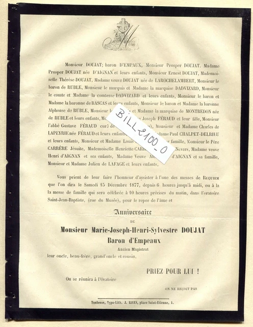 FAIRE-PART DÉCÈS DE Mr.Marie Joseph Henri Sylvestre Doujat Baron d'Empeaux.1877 EUR 10,90 ...