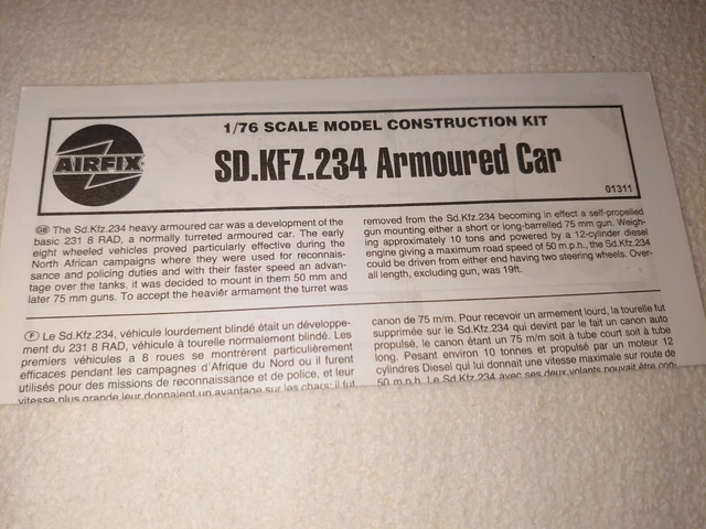 AIRFIX SD/KFZ-234/4 ARMOURED Car 1/76th Scale Instruction Sheet £0.29 ...