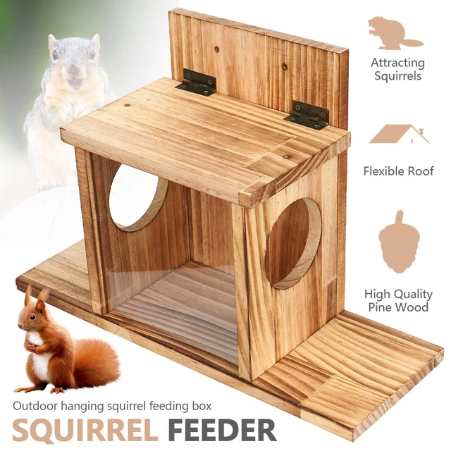 WOODEN SQUIRREL FEEDER With Transparent Window Wall Mounted Outdoor ...