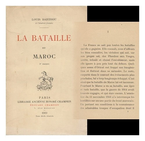 BARTHOU, JEAN LOUIS. La Bataille Du Maroc 1919 First Edition Paperback ...