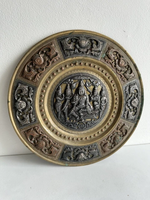 ANTIQUE INDIAN HINDU Round Religious Plate Brass & Copper Handmade Wall ...