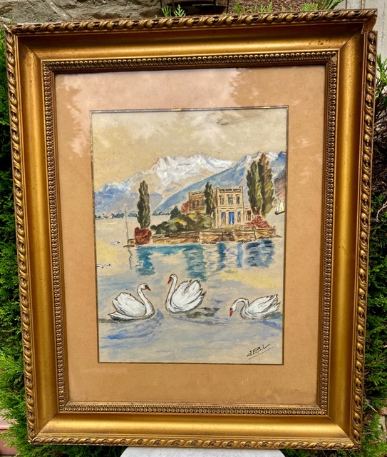 TABLEAU, PEINTURE, AQUARELLE Paysage montagne, lac,cygnes, Signée J.Papail - N°1 EUR 99,99 ...