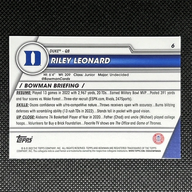 2023 BOWMAN CHROME RILEY LEONARD 1st Bowman #6 Duke NFL $4.99 - PicClick AU
