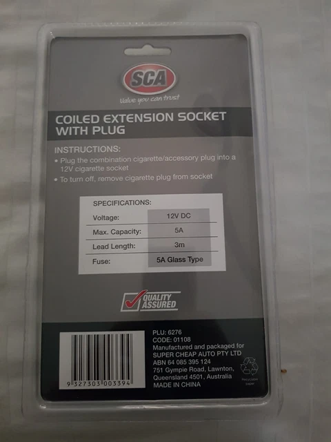 SCA - 3 metre - 12v DC coiled extension socket with plug $15.00 ...