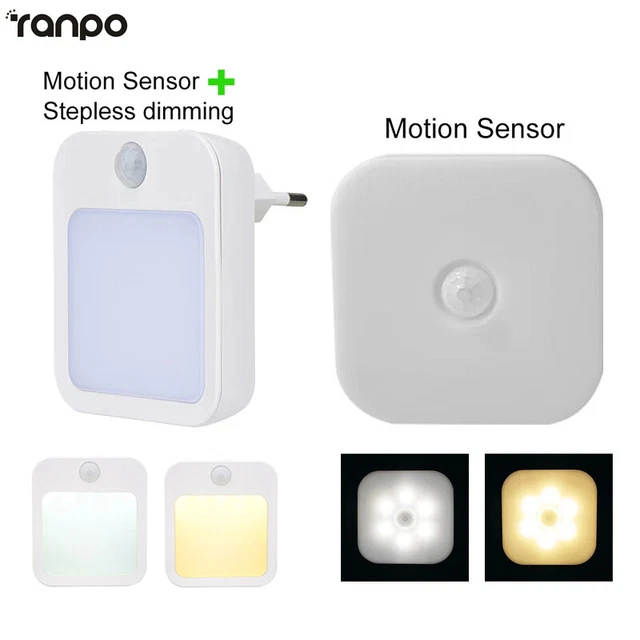 MOTION SENSOR LED Night Light EU Plug in Wall Lamp Dimmable For Bedroom ...