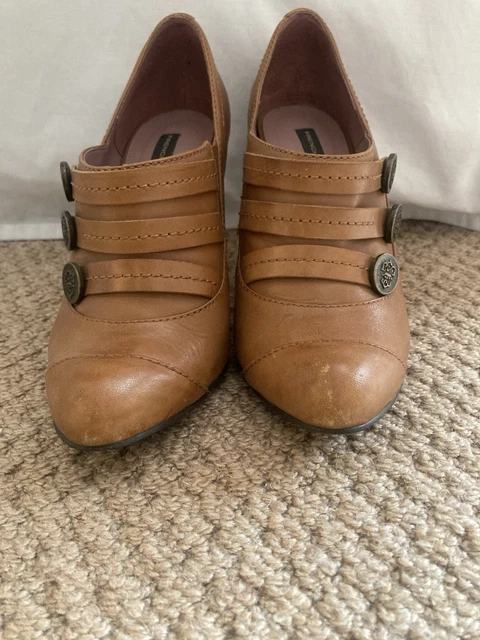 FRENCH CONNECTION BROWN Leather Shoes With Button And Strap Detail Size ...